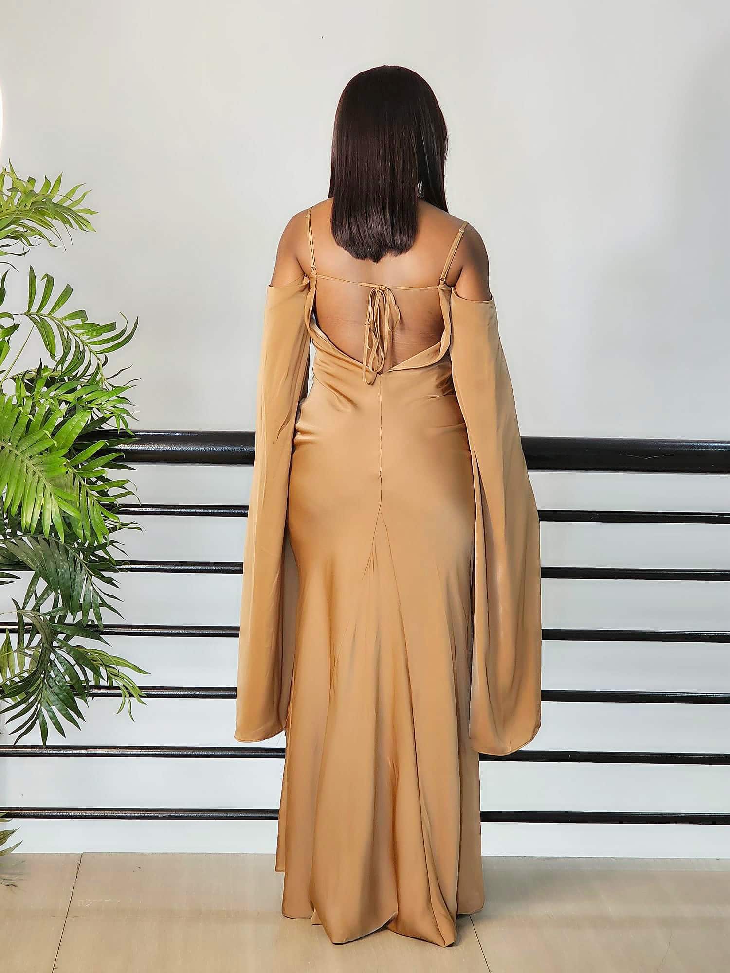SATIN COLD SHOULDER SLIT DRESS - Posh 'n' Sassy